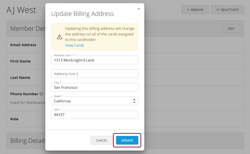 Manage Users' Billing Addresses – Emburse Cards Help Center